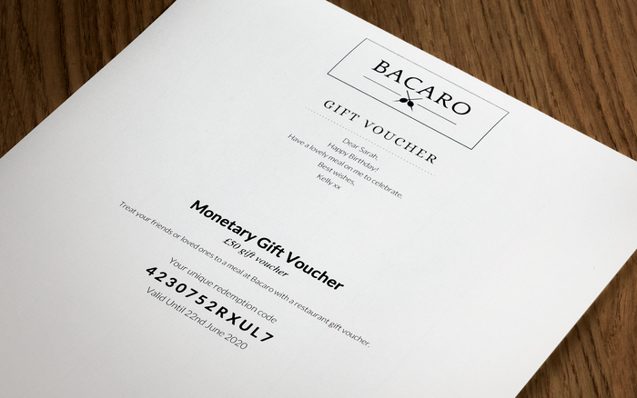 Monetary Gift Voucher - Bacaro
